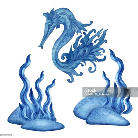 추상적인 수중 푸른 마법의 꽃 돌 초대장 패턴 직물 월페이퍼 스티커를 위한 물고기의 수채화 그림 흰색 배경에 격리된 구성 개체 그룹에 대한 스톡 벡터 아트 및 기타 이미지