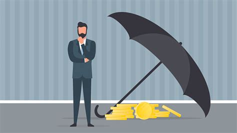 사업가는 자본을 유지합니다 큰 우산은 위험과 위험으로부터 돈을 보호합니다 자본 저축 및 투자의 사무실 개념 벡터 건축물에 대한 스톡 벡터 아트 및 기타 이미지 Istock