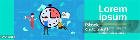 시계 마감일 남자 여자 잡고 확성기 디자인 작업 및 애니메이션 전체 길이 배너 복사본 공간에 대 한 달력 6 월 5 일 날 문자 작업 사무실 개념 경영자에 대한 스톡 벡터