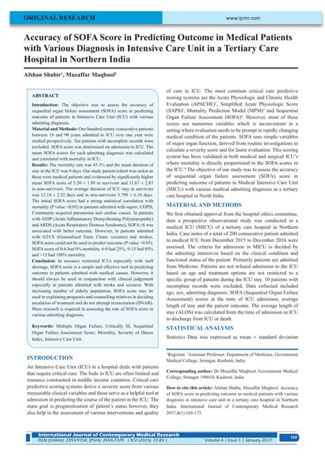 Pdf Accuracy Of Sofa Score In Predicting Outcome In Medical Patients With Various Diagnosis In