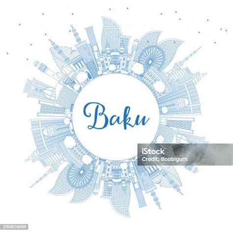 바쿠 아제르바이잔 도시 스카이라인의 윤곽을 파란색 건물과 복사 공간으로 표시합니다 랜드마크가 있는 바쿠 도시 풍경 역사적인 건축물을 가진 비즈니스 여행 및 관광 개념
