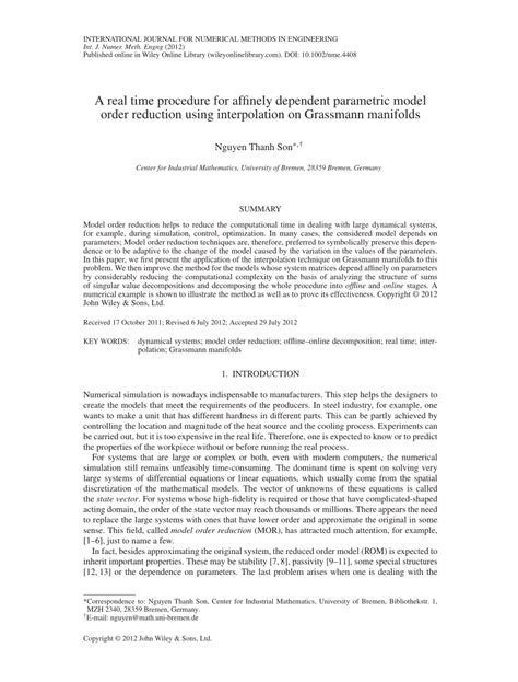Pdf A Real Time Procedure For Affinely Dependent Parametric Model Order Reduction Using