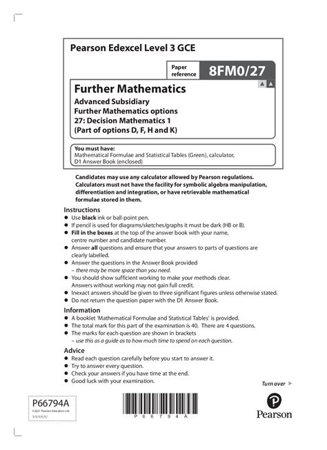 Pearson Edexcel Level GCE Further Mathematics Advanced Subsidiary Further Mathematics Options