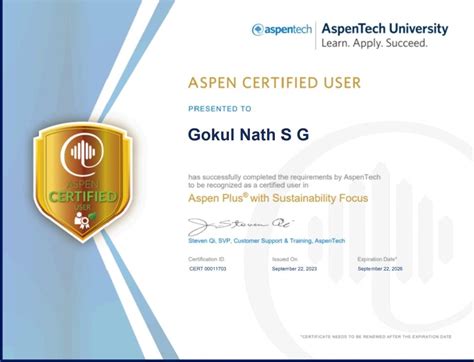 excited to announce that i ve achieved my aspen plus certification gokul nath s g