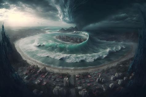 Premium Ai Image Tsunami Wave Apocalyptic Water View Urban Flood
