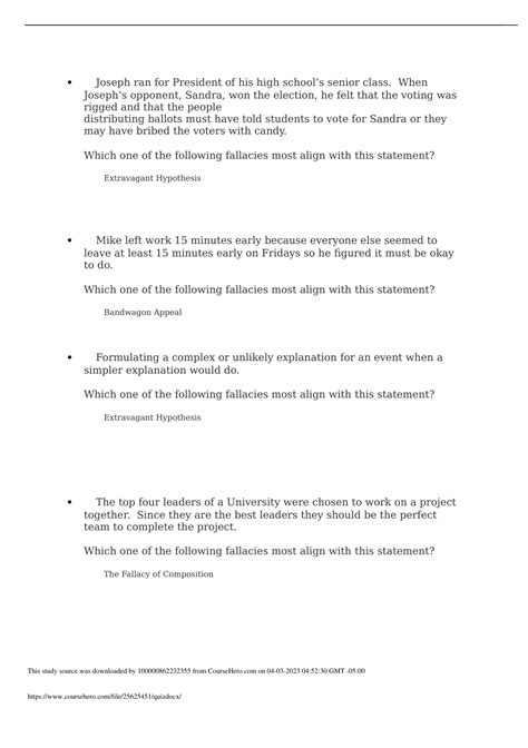 PHI Topic Quiz Fallacies In Everyday Life Quiz Version Questions Answers PHI