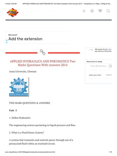 applied hydraulics and pneumatics two marks questions with answers 2014