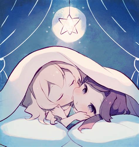 Safebooru 2girls T Bangs Bed Blanket Blonde Hair Blue Background