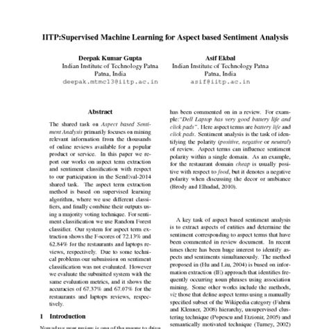 Iitp Supervised Machine Learning For Aspect Based Sentiment Analysis