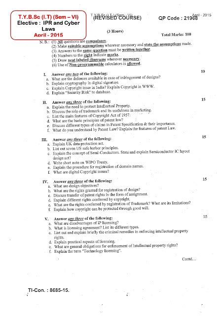 University Of Mumbai T Y B Sc It Sem Vi Elective Ipr And Cyber Laws Old Question Papers
