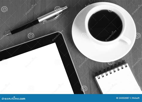 Touch Screen Device Notepad Pen And Coffee Cup Stock Image Image Of