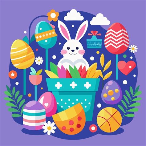 Premium Vector Happy Easter Cute Bunny In Basket With Easter Eggs Flowers Colorful Flat Vector