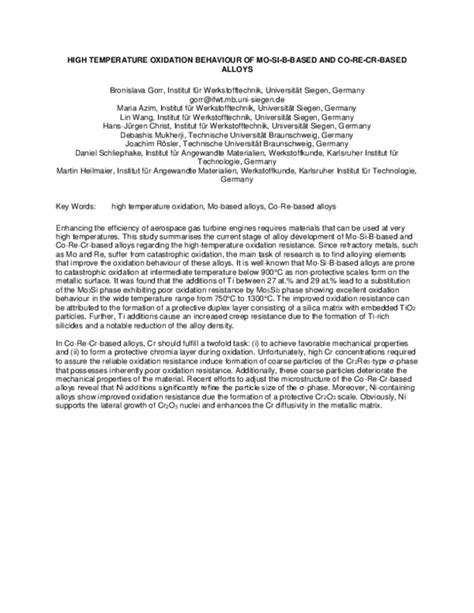 Pdf High Temperature Oxidation Behavior Of Mo Si B Based And Co Re Cr Based Alloys