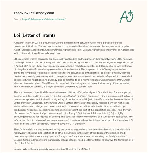 Loi Letter Of Intent 600 Words PHDessay Com