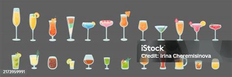 알코올 칵테일 세트 벡터 일러스트 레이 션의 안경 만화 음료는 검은 배경에 고립되어 있습니다 건배와 응원으로 축하합니다 파티 시간 여름 해변 음료 메뉴 0명에 대한 스톡