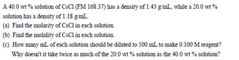 Solved A 40 0 Wt Solution Of Cscl Fm 168 37 Has A
