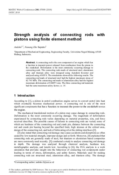 Pdf Strength Analysis Of Connecting Rods With Pistons Using Finite Element Method
