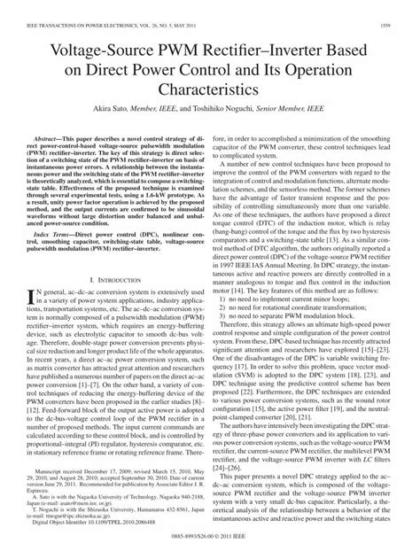 Pdf Voltage Source Pwm Rectifierinverter Based On Direct Power Control And Its Operation