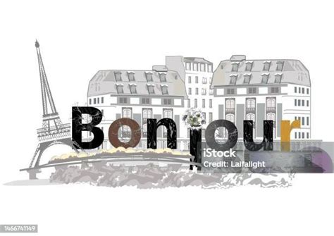프랑스어 글자 Bonjour와 에펠 탑과 파리의 명소 건축 요소로 디자인하십시오 파리 일 드 프랑스에 대한 스톡 벡터 아트 및