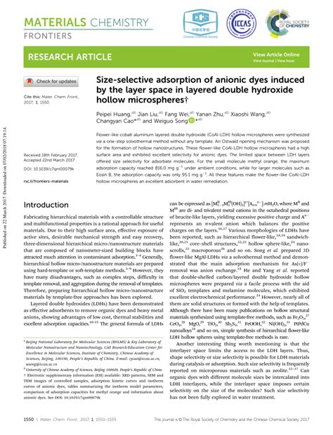 Pdf Size Selective Adsorption Of Anionic Dyes Induced By Layer Space On Layered Double