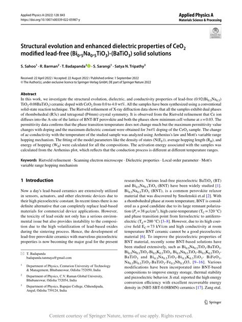 Structural Evolution And Enhanced Dielectric Properties Of Ceo2 Modified Lead‑free Bi0 5na0