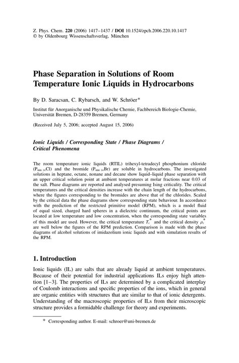 Pdf Phase Separation In Solutions Of Room Temperature Ionic Liquids In Hydrocarbons