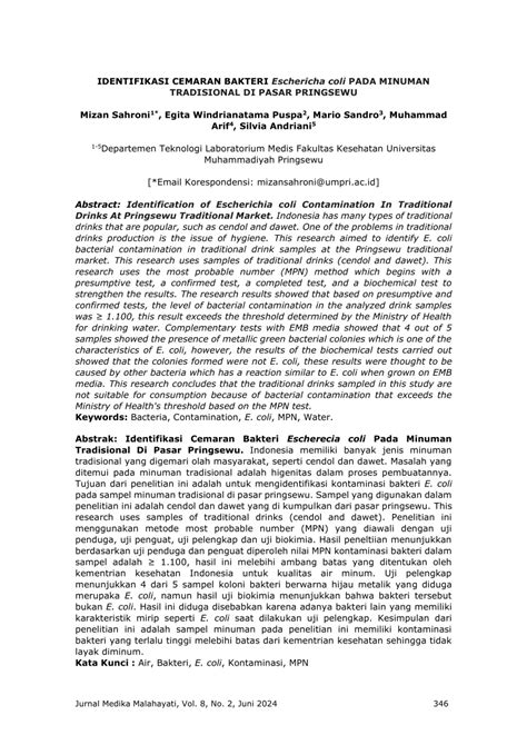 Pdf Identifikasi Cemaran Bakteri Eschericha Coli Pada Minuman