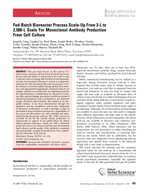 Pdf Fed‐batch Bioreactor Process Scale‐up From 3‐l To 2 500‐l Scale For Monoclonal Antibody