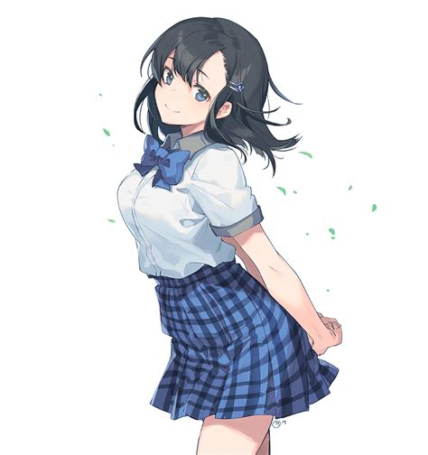 Safebooru 1girl Arms Behind Back Black Hair Blue Bow Blue Eyes Blue
