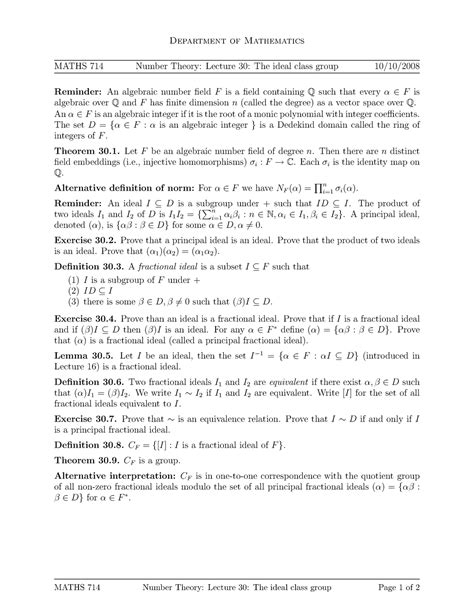 Maths714 2008 Lecture 30 The Ideal Class Group Department Of
