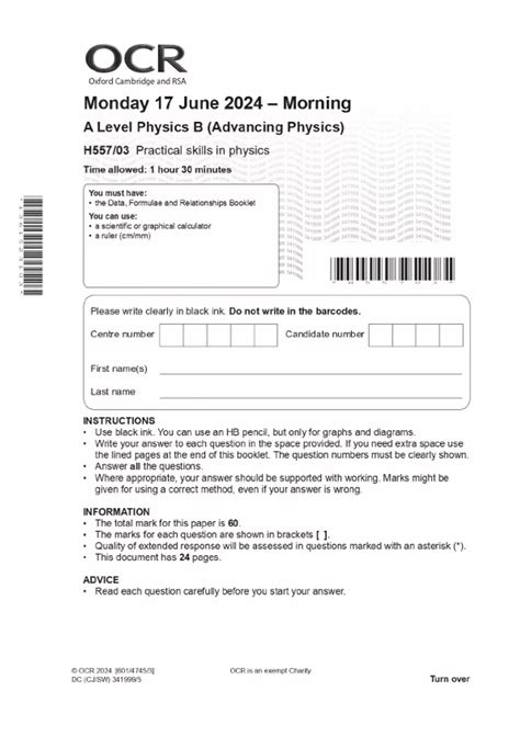 OCR A Level Physics B Advancing Physics H557 03 Practical Skills In Physics QP JUNE 2024