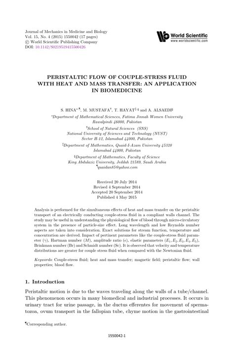 Pdf Peristaltic Flow Of Couple Stress Fluid With Heat And Mass