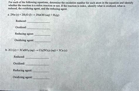 For Each Of The Following Equations Determine The Oxidation Number For Each Atom In The