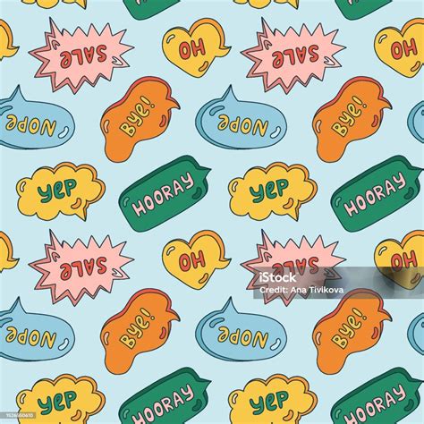 짧은 메시지와 함께 말풍선이 있는 귀여운 매끄러운 패턴 다양한 모양의 손으로 쓴 대화 문구가 있는 낙서 채팅 구름이 있는 배경 그루비 스타일의 십대 디자인 템플릿에 대한