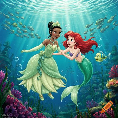 Princess Tiana And Ariel The Little Mermaid Swimming Underwater