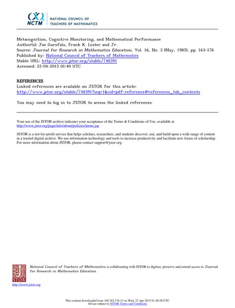 Pdf Metacognition Cognitive Monitoring And Mathematical Performance