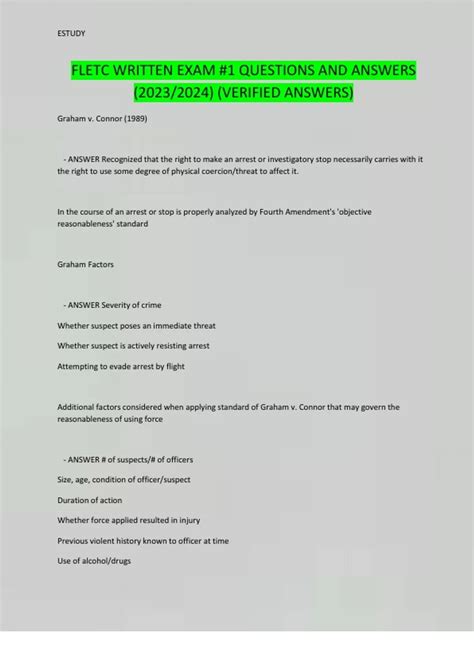 FLETC WRITTEN EXAM 1 QUESTIONS AND ANSWERS 2023 2024 VERIFIED ANSWERS FLETC Stuvia SA