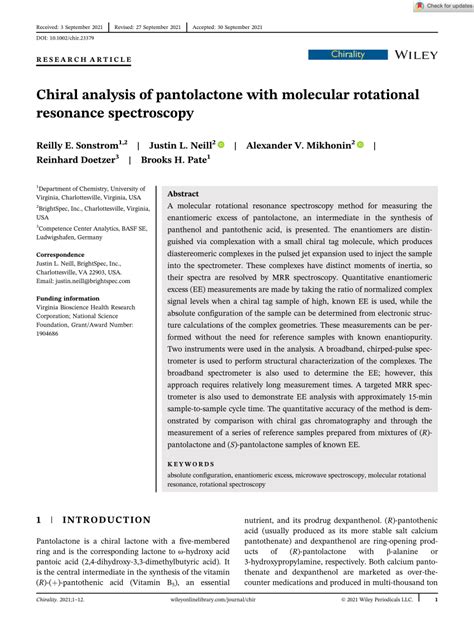 Pdf Chiral Analysis Of Pantolactone With Molecular Rotational Resonance Spectroscopy