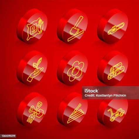 자루에 콘을 설정 나무 도끼 전기 톱 환경 꽃 로그 삽 레이크와 정원 호스 화재 호스 아이콘의 식물 손 벡터 3차원 형태에 대한 스톡 벡터 아트 및 기타 이미지 Istock