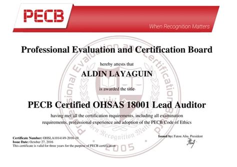 Pecb Certified Iso 18001 Lead Auditor Aldin Layaguin Pdf