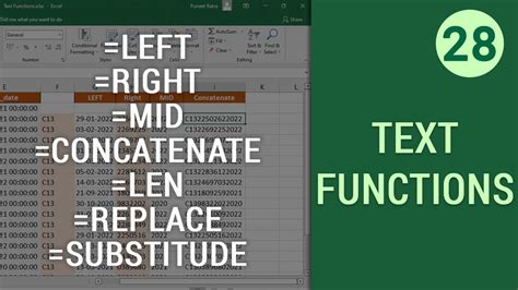 p28 some important text functions left right mid concatenate len replace subtitude