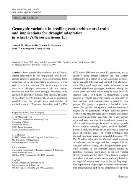 Pdf Genotypic Variation In Seedling Root Architectural Traits And Implications For Drought