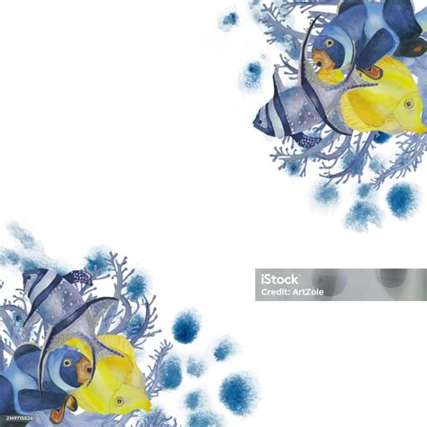 바다 산호 물고기가 있는 사각형 프레임 인증서 포스터 엽서 광고 로고 메뉴의 등록 및 디자인을 위해 Coral Bleaching