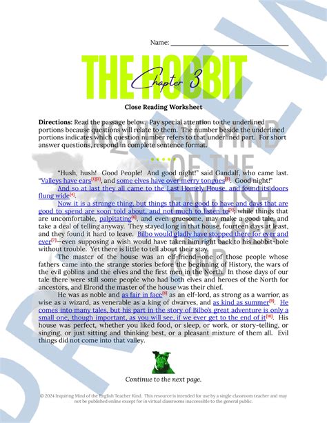 The Hobbit Chapter 3 Close Reading Analysis Worksheet Made By Teachers