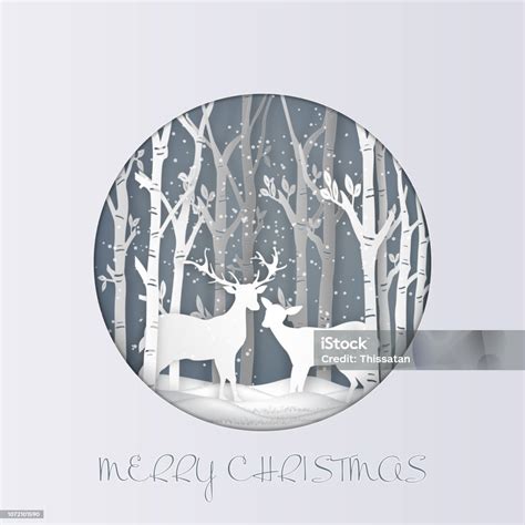 종이 예술 컷 그리고 메리 크리스마스와 해피 뉴가 어 개념으로 안녕하세요 겨울 눈 숲에서 Deers의 디지털 공예 스타일 벡터 일러스트 레이 션 12월에 대한 스톡 벡터