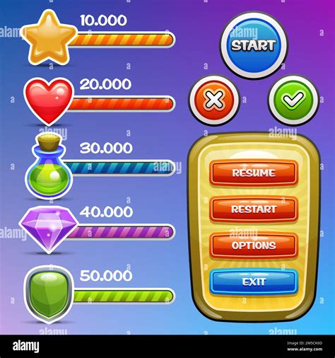 game interface elements icons with progress bars option banner and buttons vector eps 10