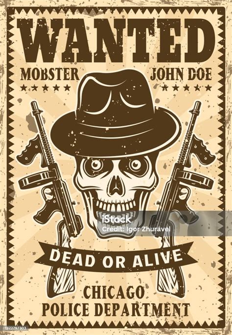 두 개의 기관단총이달린 페도라 모자의 갱스터 두개골은 주제 파티 또는 이벤트에 대한 빈티지 스타일의 벡터 일러스트레이션에서 포스터를 원했습니다 깡패에 대한 스톡 벡터 아트