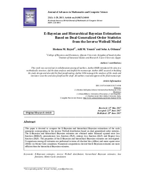 Pdf E Bayesian And Hierarchical Bayesian Estimations Based On Dual Generalized Order