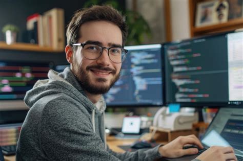 Premium Photo Smiling Young Programmer Staring Straight At Camera