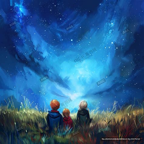 Ai创作图浪漫星空插画 星空少儿海报 情侣看流星雨 野外星空插画 看星星的孩子 夜空场景插画 仰望星空浪漫星空 星辰大海男孩背影 童年插画梦幻